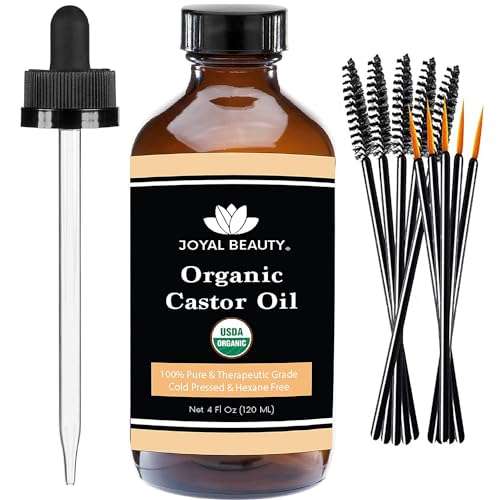 JOYAL BEAUTY Castor Oil USDA Certified Organic(4oz). 100% Pure Cold Pressed Unrefined Hexane Free Glass Bottle. Hair Eyelashes Eyebrows Lash Serum. For Face, Skin, Body, Belly Button. Free Mascara