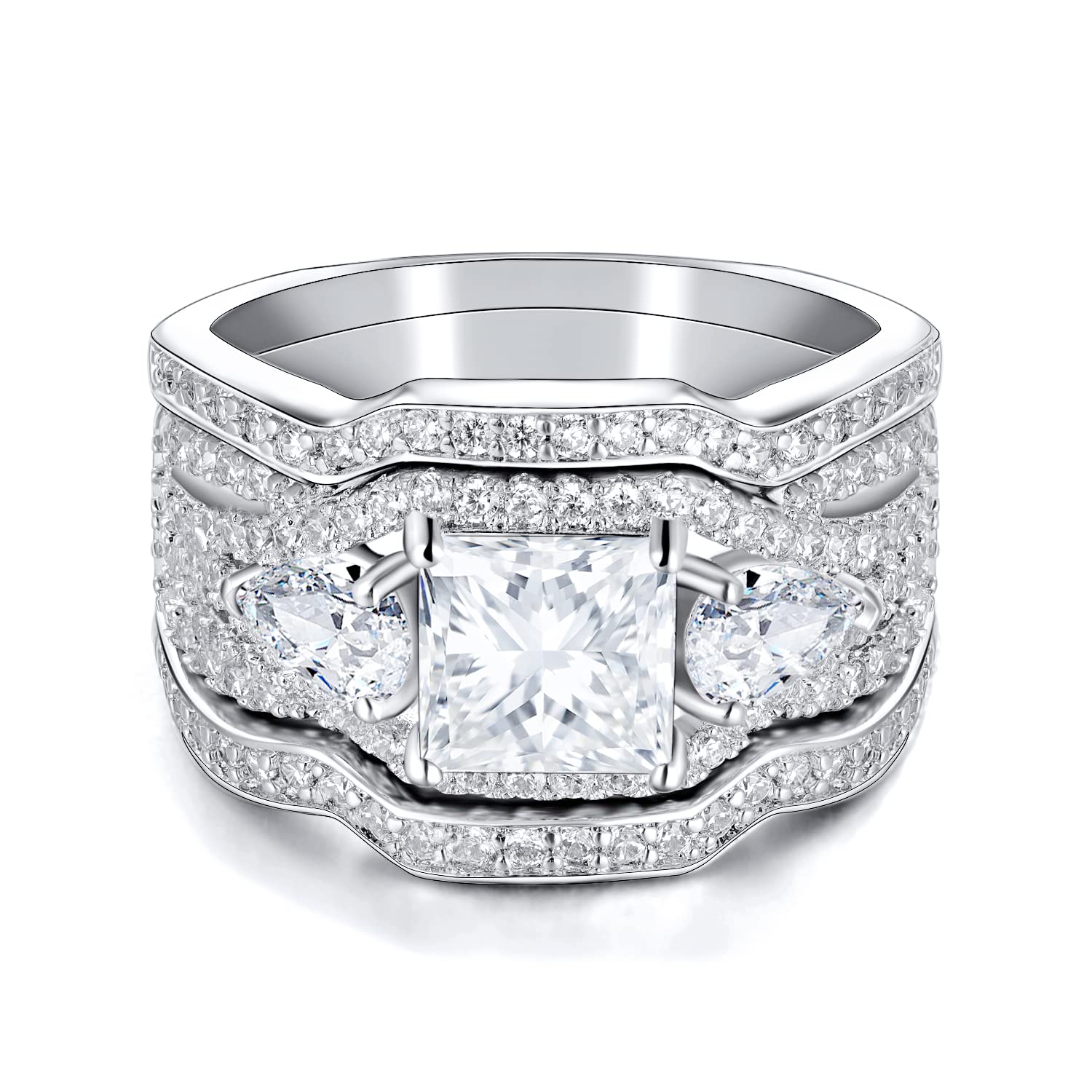 MDFUN Three-In-One Square Wedding Engagement Ring,18K White Gold Plated Cubic Zirconia Promise Eternity Ring for Women (6)