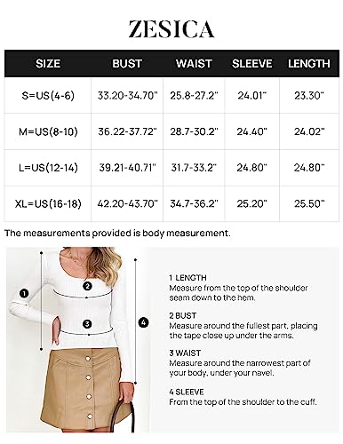 ZESICA Women's 2023 Long Sleeve Square Neck Shirts Fall Clothes Slim Fitted Ribbed Knit Sweater Basic Tee Tops,White,Large