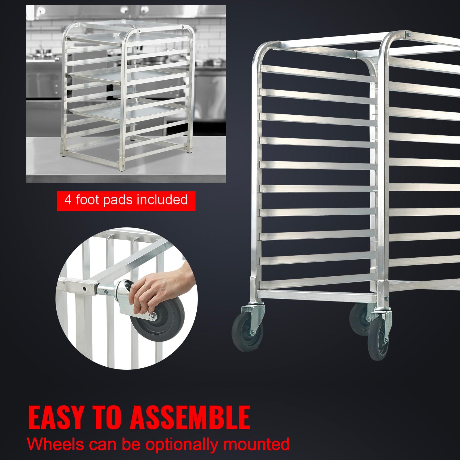 Zoorse Bun Pan Rack, 10-Tier Commercial Bakery Rack with Brake Wheels, Aluminum Racking Trolley for Half & Full Sheets, Speed Rack for Kitchen and Home, 26" L x 20.3" W x 39" H