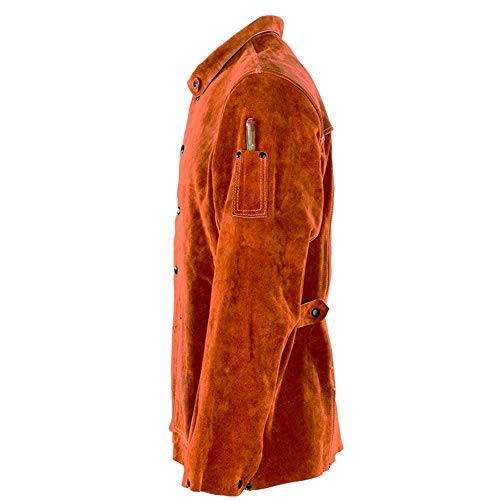 QeeLink Leather Welding Work Jacket with Hood Flame-Resistant Heavy Duty Split Cowhide Leather Welder Jackets with Hood for Men & Women, 4XL