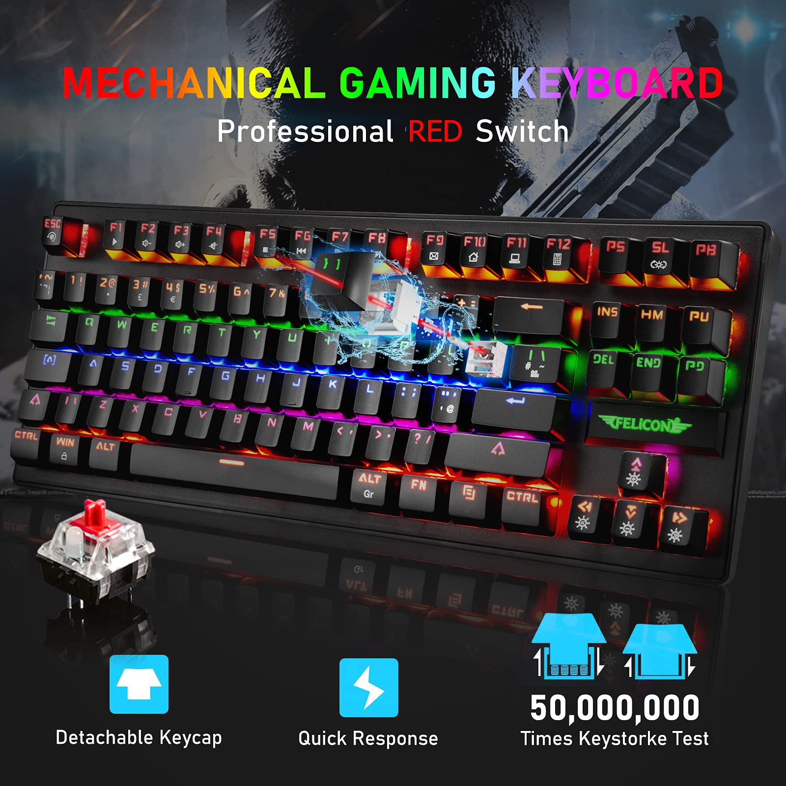 Mechanical Gaming Keyboard and Mouse Combo with Full 88 Key Anti-ghosting Rainbow Backlight Ergonomic Floating Plate 6400DPI Honeycomb Mice USB Wired for PC MAC Gamer Office Typist(Black/Red Switch)