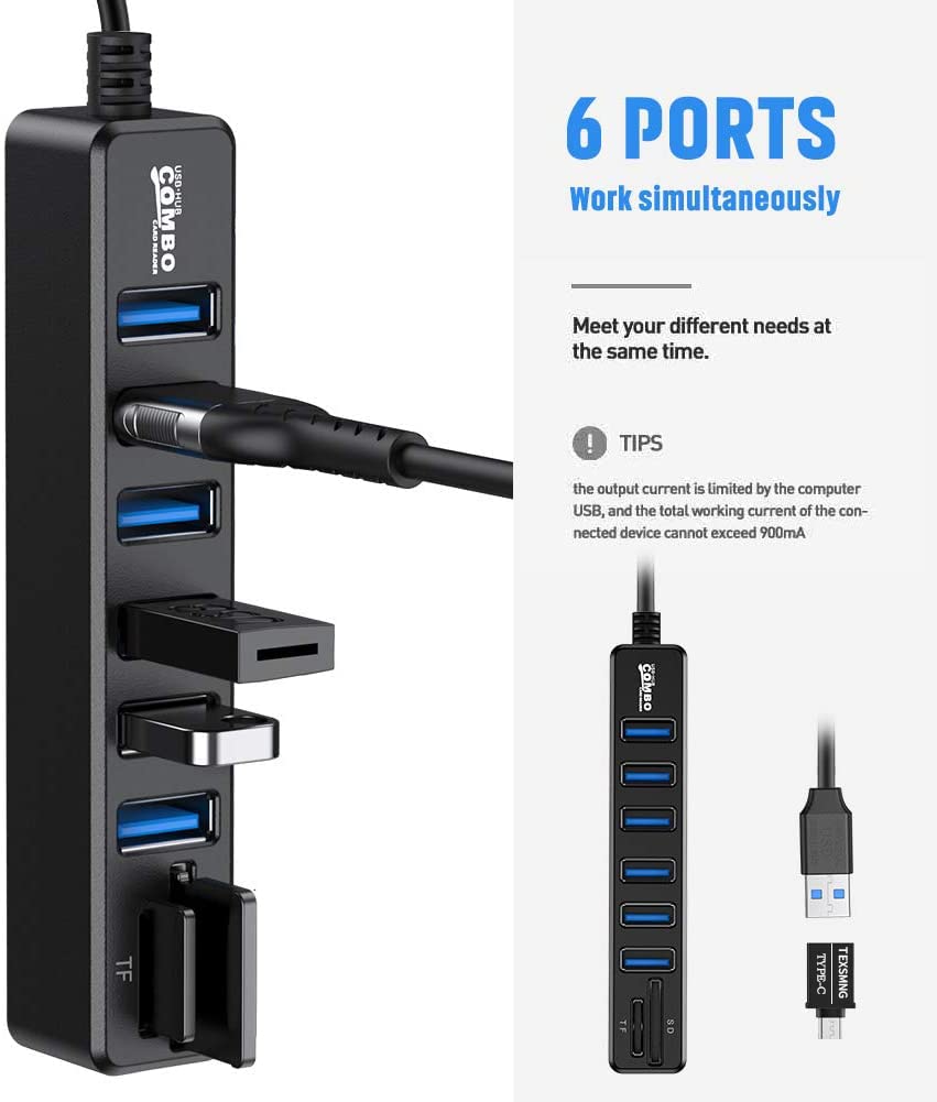 TEXSMNG USB Hub 2.0 1m Cable 8 in 1, USB Adapter to 6 USB 2.0 Extension, SD TF Compatible with Laptop and Other Type C Devices