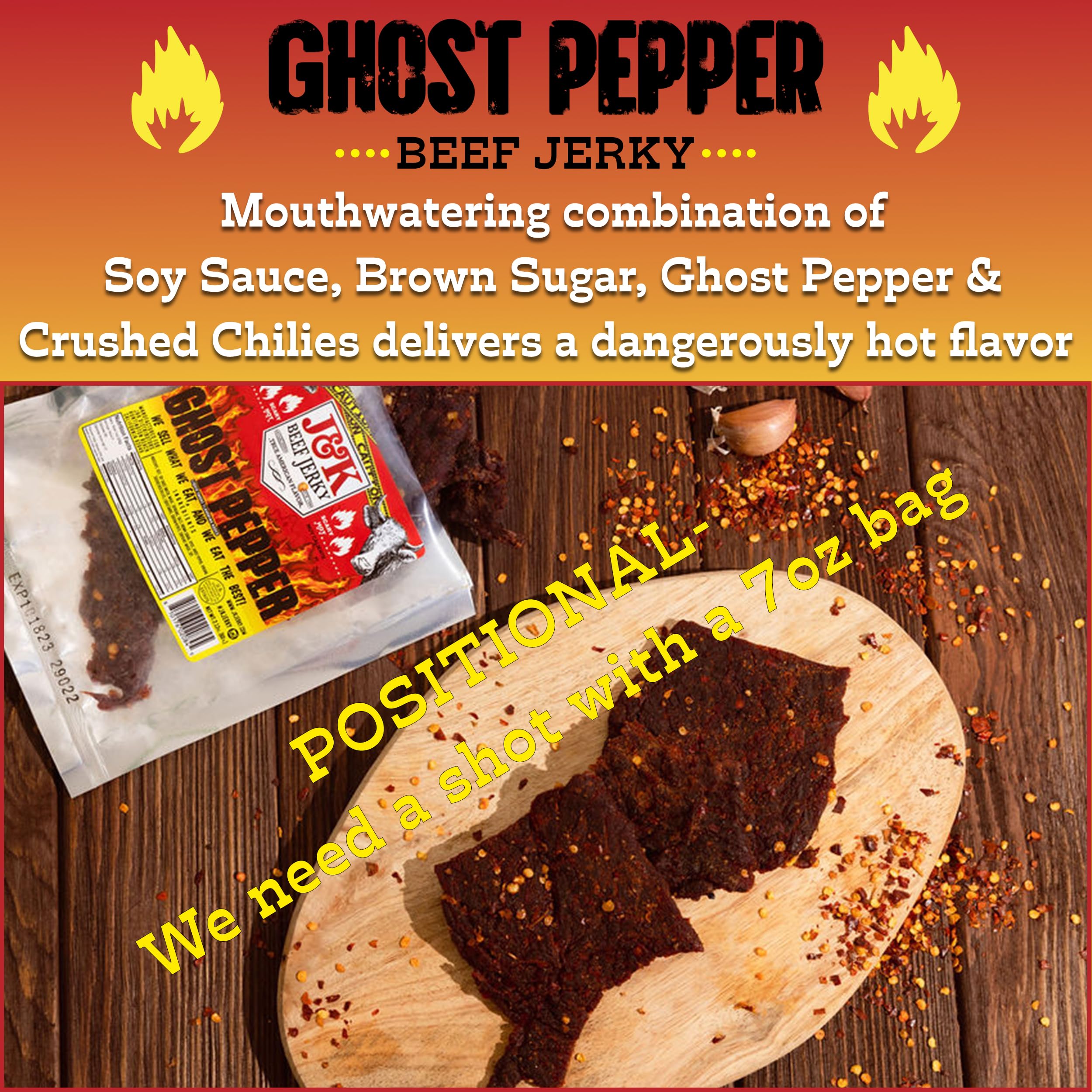 J&K Jerky Ghost Pepper Beef Jerky - Spicy American-Made Slab Jerky for the Bold Snacker - 7oz Big Bag of Jerky