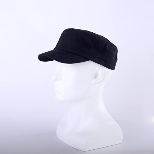 LANGZHEN Unisex Adjustable Cotton Army Cap Classic Cadet Hat Military Flat Top Baseball Cap for Outdoor Sports and Activities(Black)