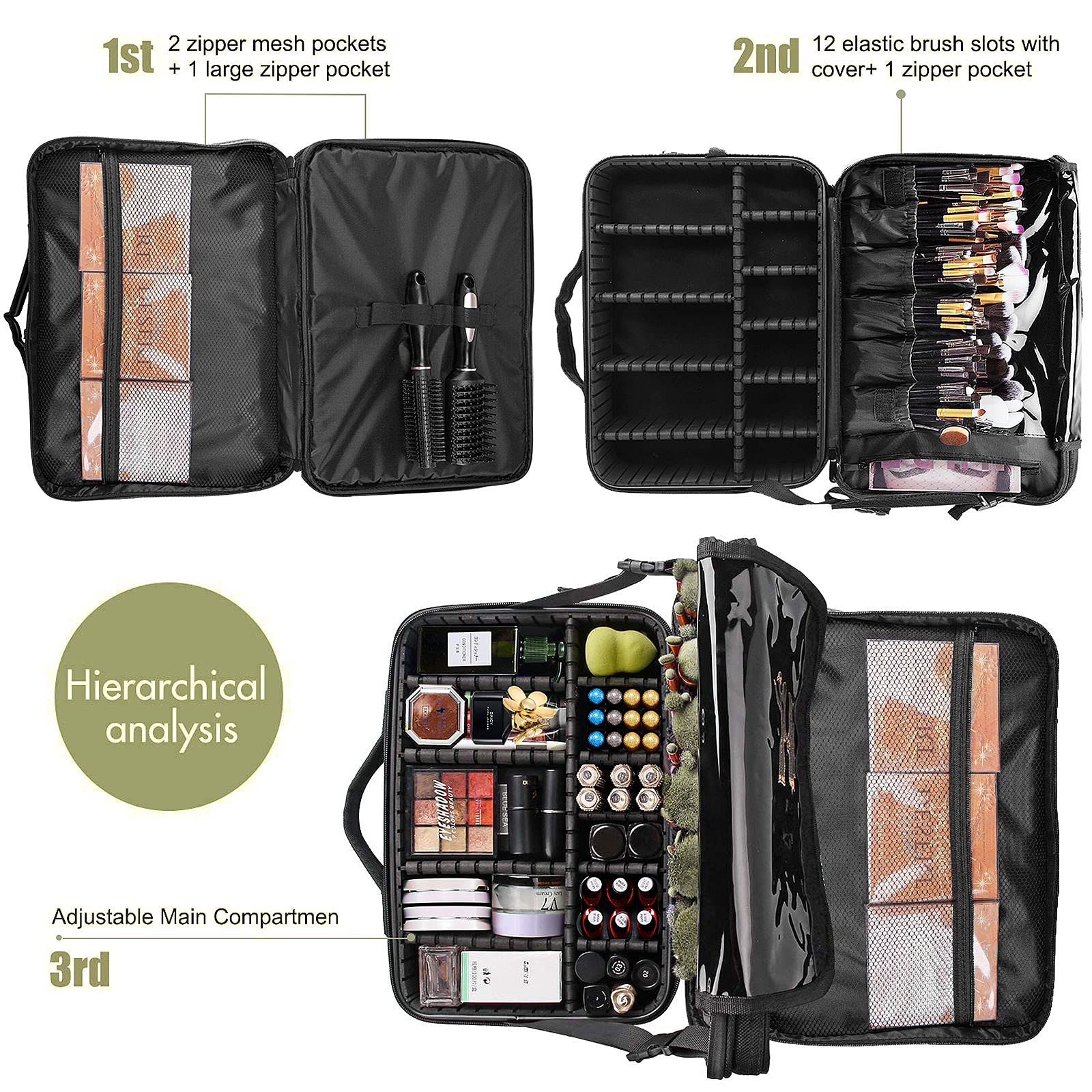 JAZZ GORDON Makeup Bag Large 3 Layers Travel Makeup Organizer Professional Makeup Case Portable Artist Storage Mkeup Brush Bag with Adjustable Dividers,Straps (Black)