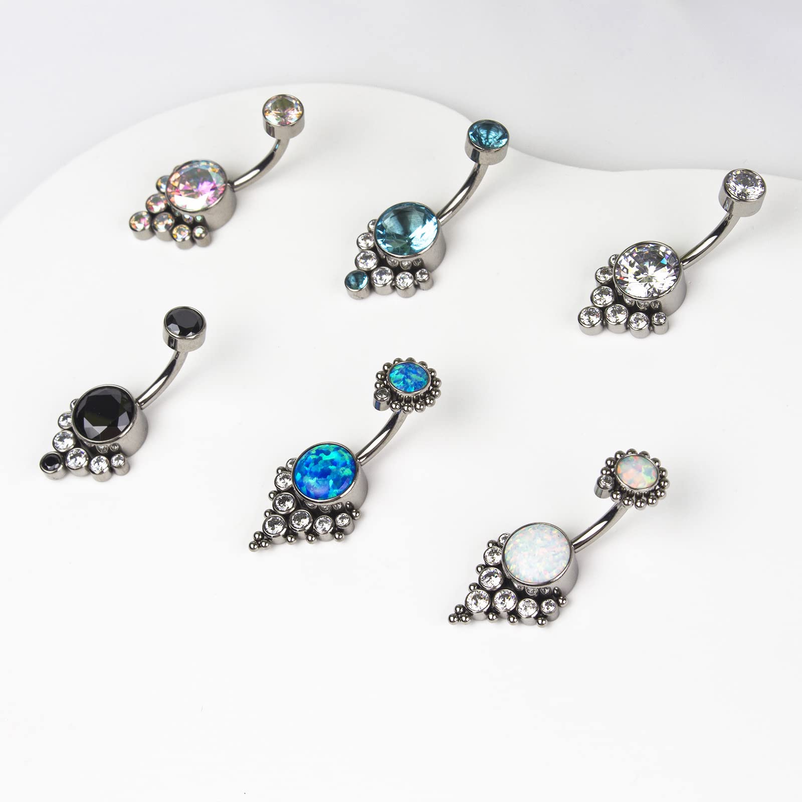Moridux 14g G23 Real Solid Titanium Bezel Cluster Belly Button Rings With Opal CZ 10mm Internally Threaded Navel Piercing Jewelry Barbell Stud Navel Rings For Women(White Opal+Clear CZ)