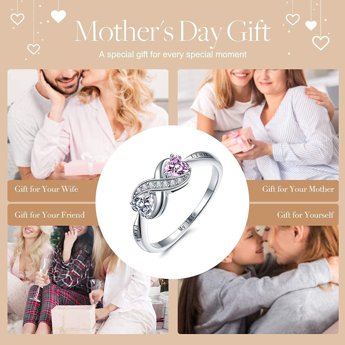 LUCA SMITH Sterling Silver Anniversary Rings Engagement Ring Promise Rings For Women 2 Heart Birthstones 2 Name & 1 Engraving Customized & Personalized Ring