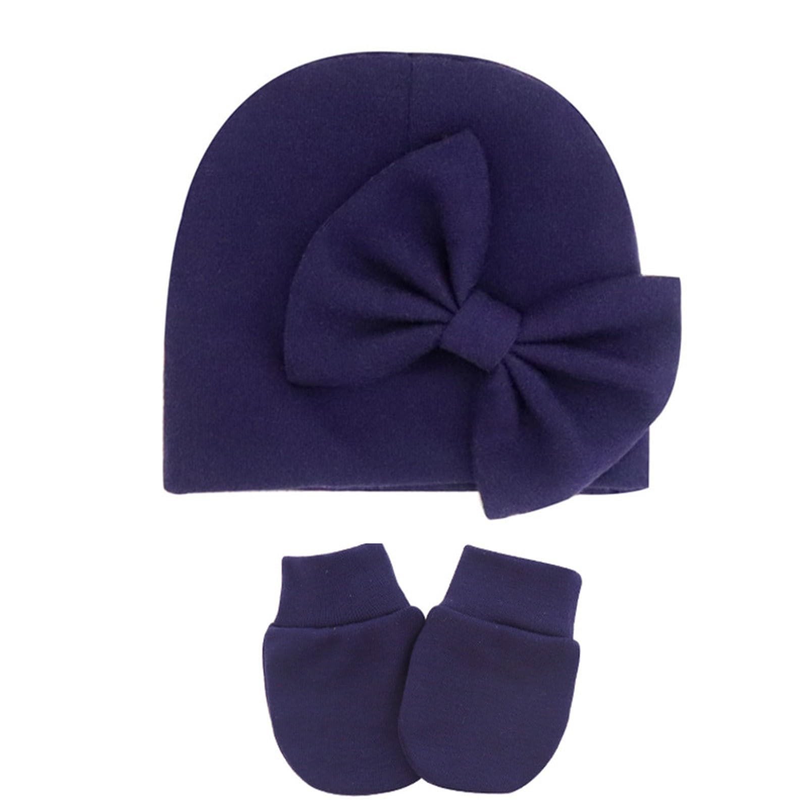 Infant Hat and Gloves Set Soft Newborn Hats for Girls Knit Baby Hat with Bow No Scratch Mittens 0 3 Months (Navy, A)