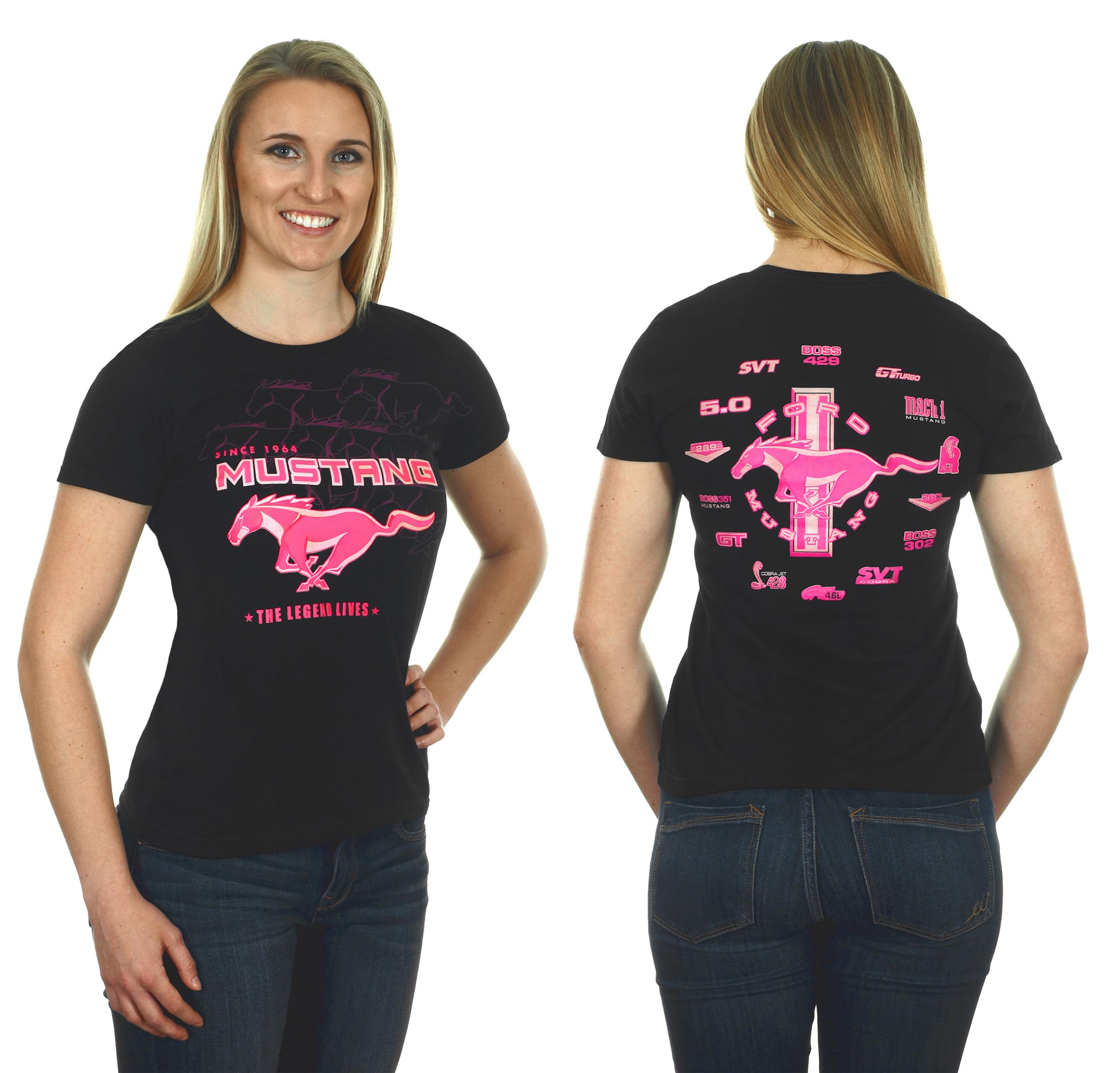 JH Design Women's Ford Mustang Collage T-Shirt a Short Sleeve Crew Neck Shirt (3X, CLG4-black/pink)