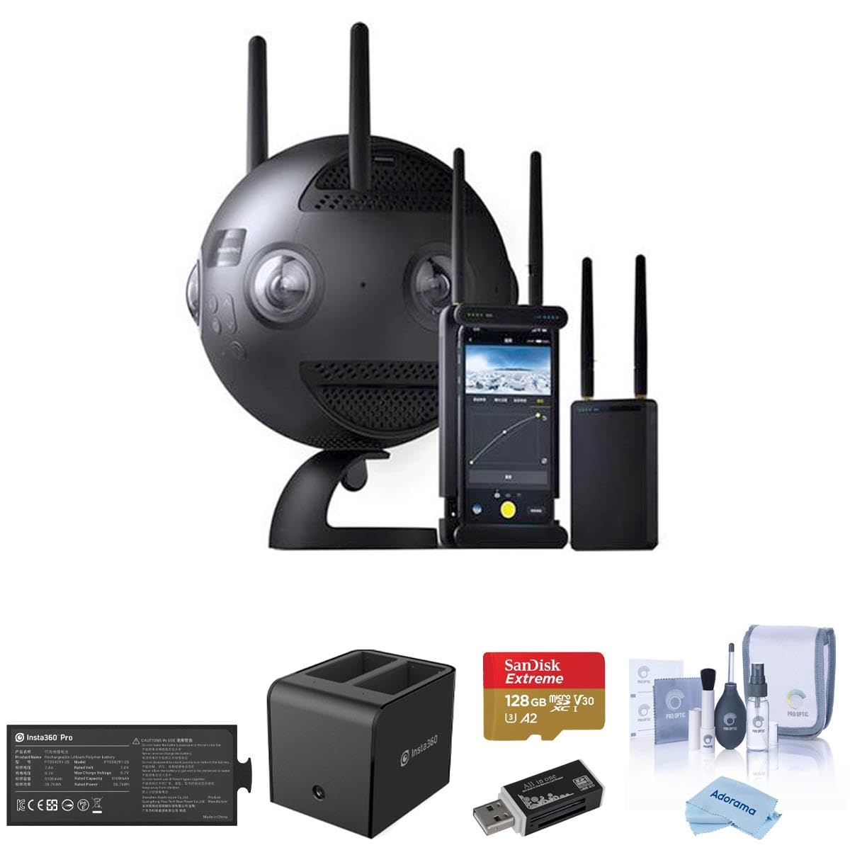 Insta360 Pro II 8K 360-Degree Spherical Virtual Reality Camera with Farsight Live Monitoring - Bundle Pro 5100mAh Battery Pack, Charging Station, 128GB microSDXC Card, and More