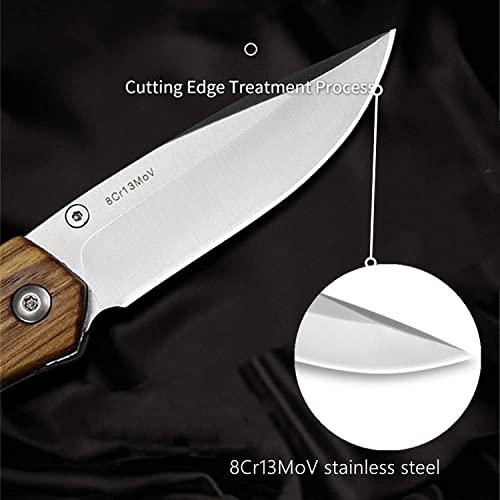 Pocket Knife with Belt Clip, Folding Tactical Knife for Camping Hunting Fishing, Safety Liner-Lock, 8cr13mov Stainless Steel Blade, Zebra Wood Handle, Fine Edge