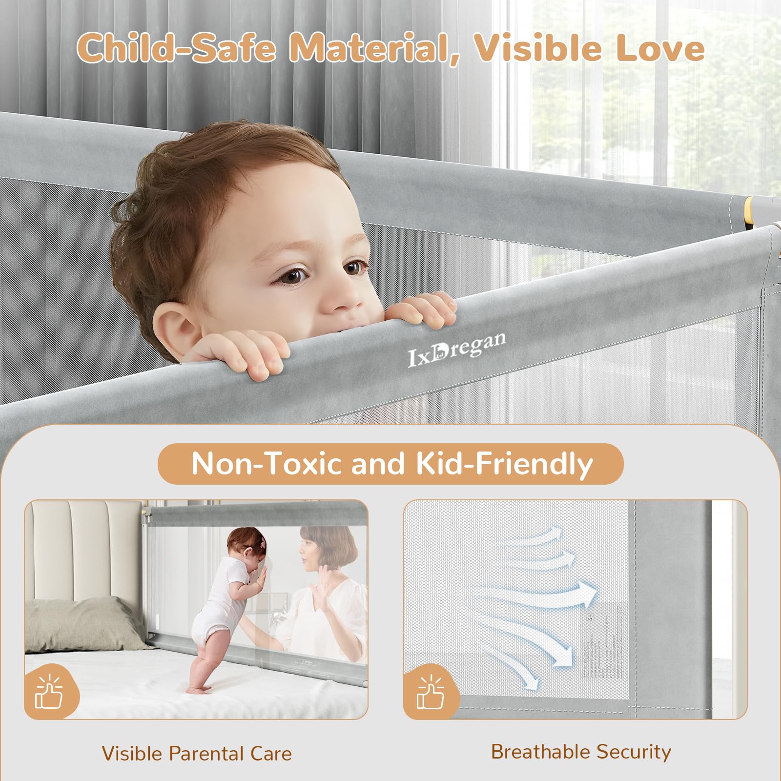 Ixdregan Bed Rail for Toddlers - 2023 SafePlus Toddler Bed Rail with Adjustable Height, Independent Lift Baby Bed Rail Guard, CompatMax Bed Rails for King Full Twin Queen Bed (74.8",Gray,1 Piece)