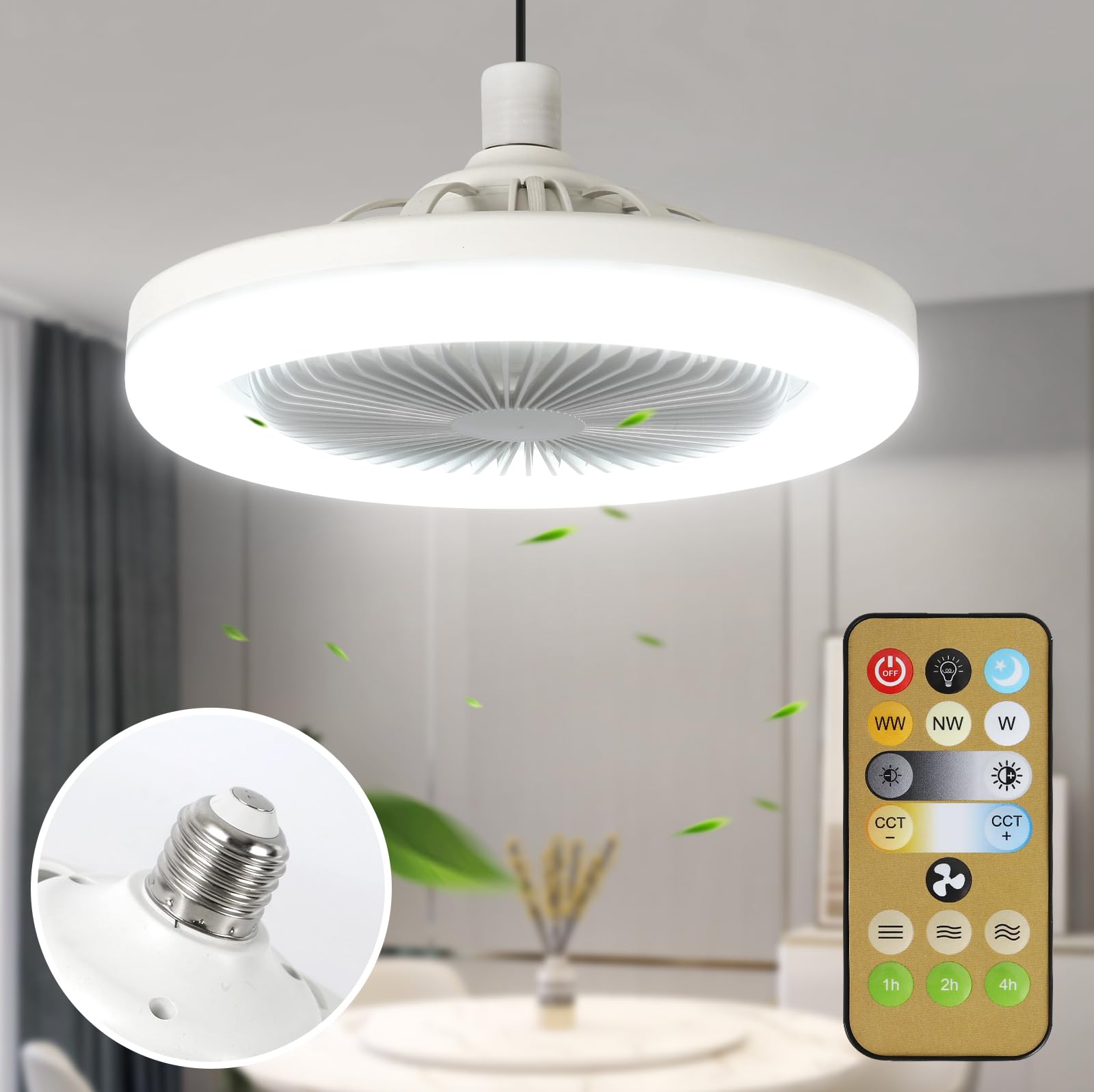 JOISTOON Socket Fan Light With Remote 10", Fan With Light 2,400 Lumen/6,500 Kelvin, Infinitely Adjustable, Light Socket Fan For Small Spaces Damp/Ventless, Need Ventilation & Airflow to Dry