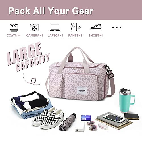 WOOMADA Foldable Travel Duffel Bag with Shoes Compartment, Overnight Bag with Wet Pocket & Trolley Sleeve, Gym Bags for Women Waterproof & Tear Resistant(brown leopard)