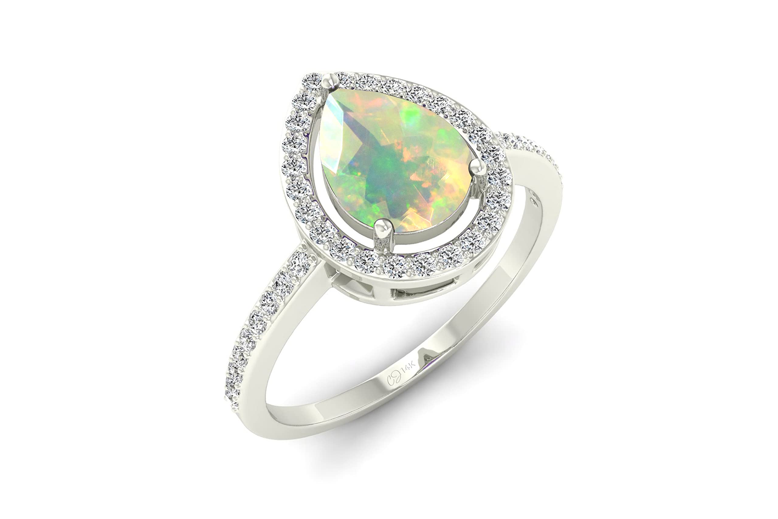 mirahi by chordia jewels Pear Shaped Halo Ring, 8x6mm Opal Engagement Ring, Unique Diamond Ring with Side Stone White Gold