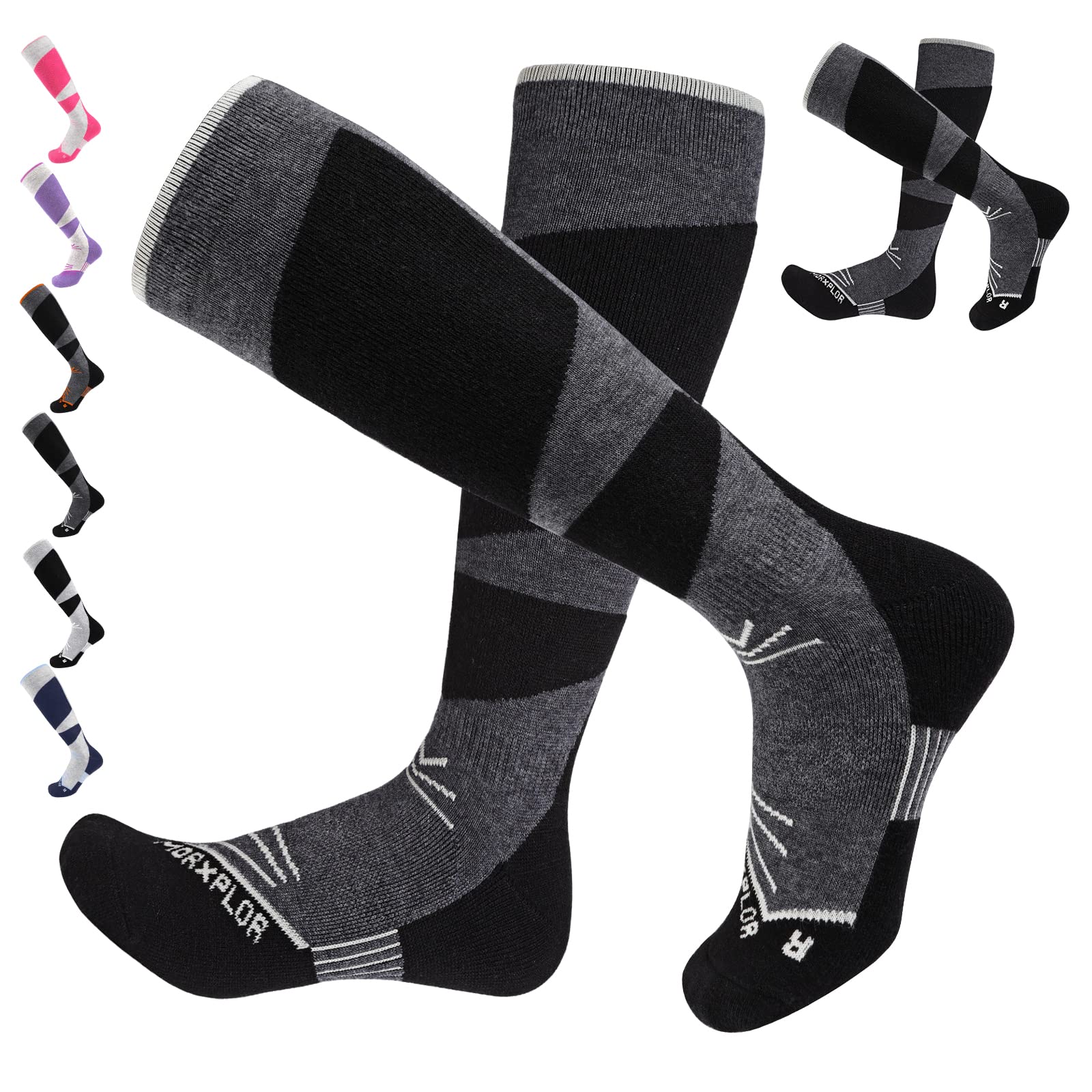 MORXPLOR Merino Wool Ski Socks 2 Pairs Pack for Men&Women,Skiing and Snowboarding Knee High Warm Socks for Cold Weather