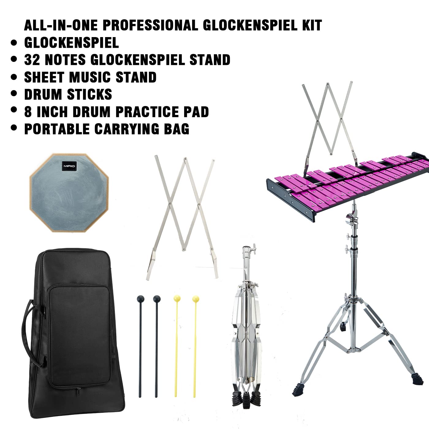 MIRIO Glockenspiel 32 Notes, Violet Xylophone Percussion Bell Kit for Student, Adult, with 8" Drum Practice Pad, Mallets, Adjustable Height Frame, Music Stand and Carrying Case