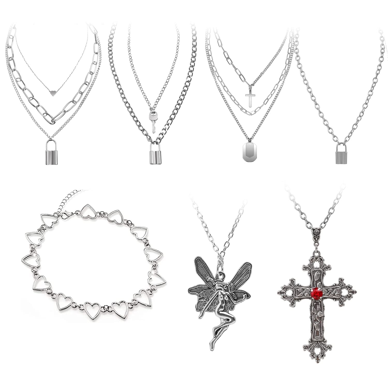 Lock Chain Necklace, Egirl Chains, Statement Lock Key Pendant Necklace Silver Set Eboy Long Multilayer Chains Punk Choker 2 Set(5 layer)