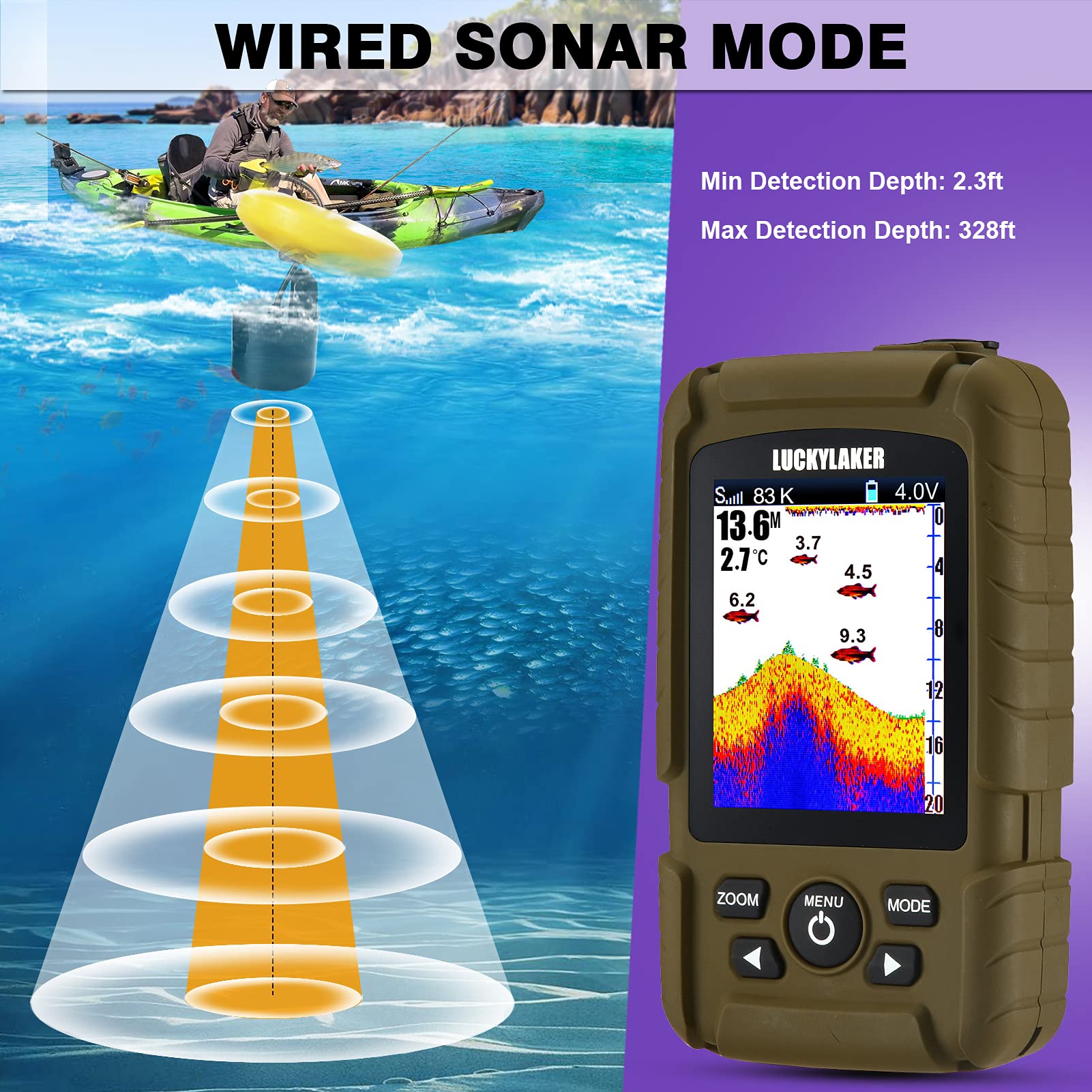 LUCKYLAKER Boat Transducer Fish Finders Sonar Wireless Handheld Depth Finder Kayak Waterproof Display Fish Finders Sensor Wired Ice Fishing