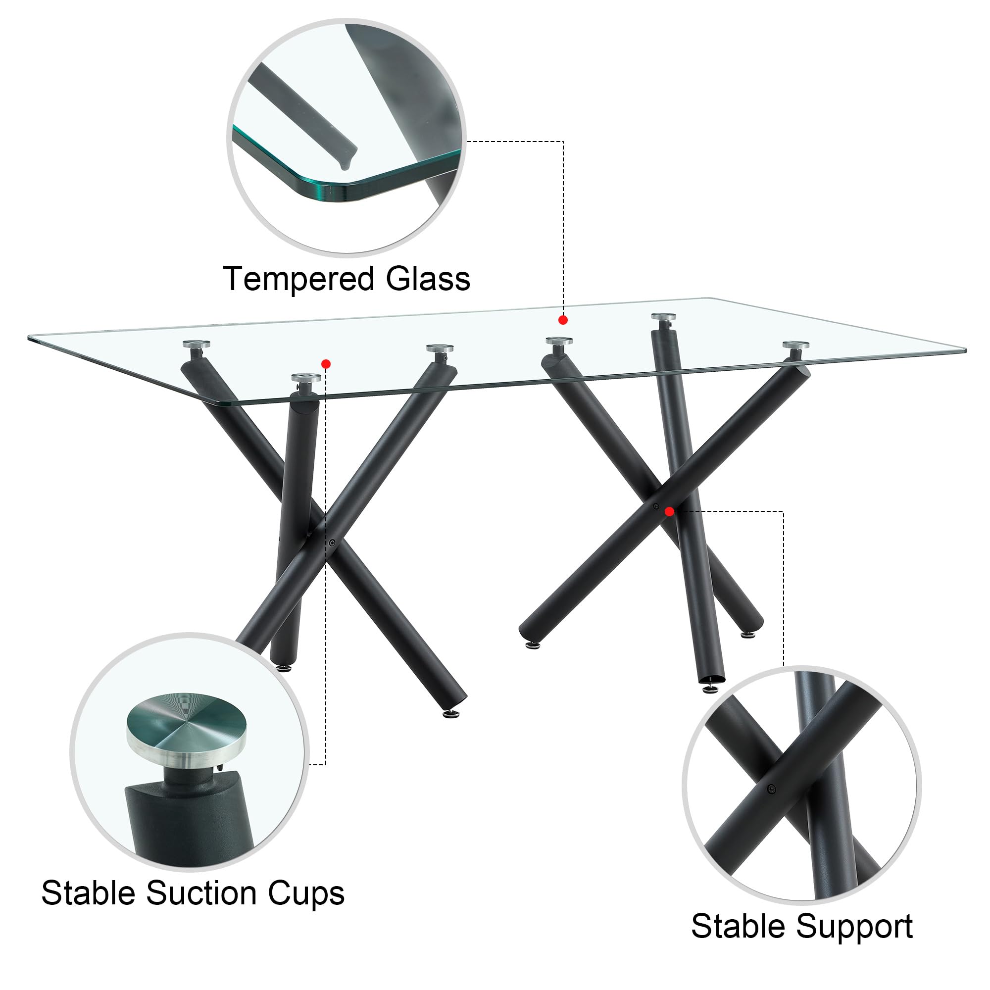 JBFF 71" Large 6-8, Modern 0.39" Tempered Glass Top Black Metal Pedestal Base, Easy Assemble, Mid-Century Rectangle Dinner Table for Dining Living Room, Kitchen