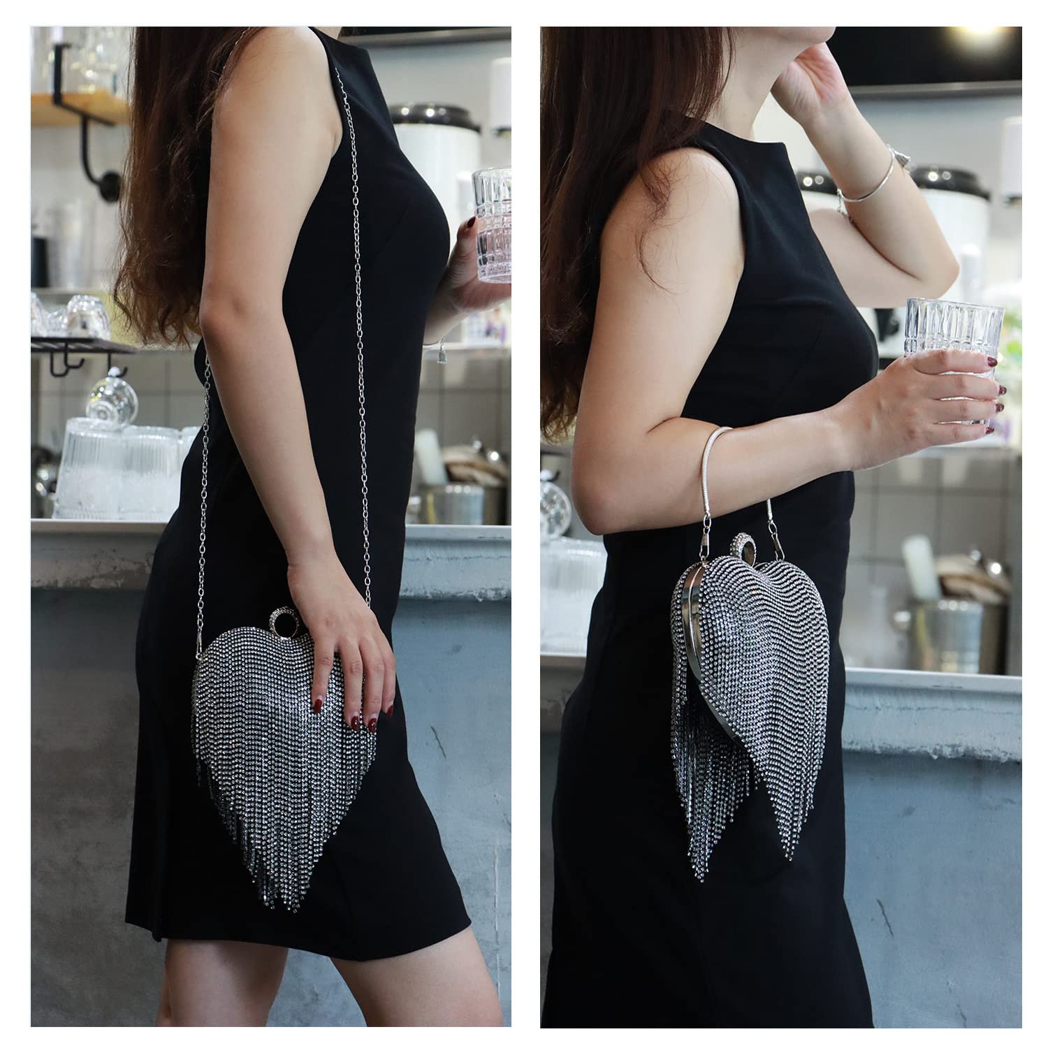 Lanpet Women Luxury Handbag Heart Shape Tassel Evening Clutch Bag for Wedding Bridal Party Prom