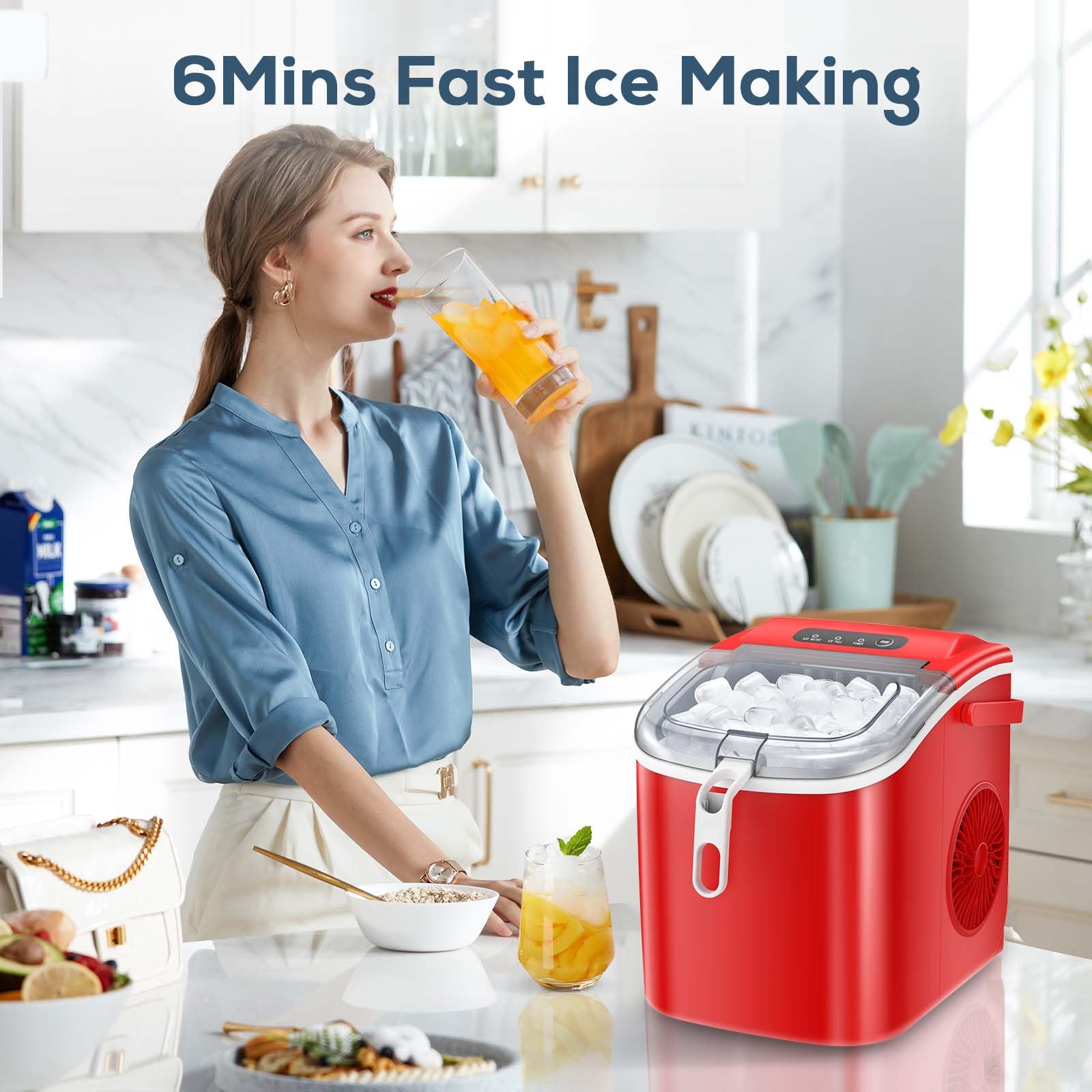 ZAFRO Ice Makers Countertop, Portable Ice Machine with Handles, Self-Cleaning Ice Makers with Basket and Scoop, 9 Cubes in 6 Mins, 26 lbs Per Day, Suitable for Your Kitchen, Office, Party (Red)