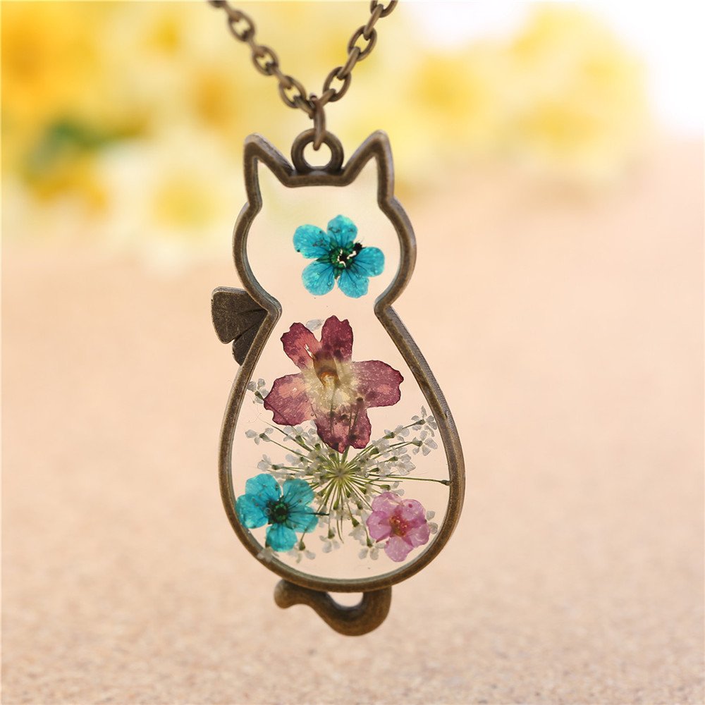 Jude Jewelers Retro Vintage Cat Shape Dry Flower Charm Pendant Necklace (Gold)