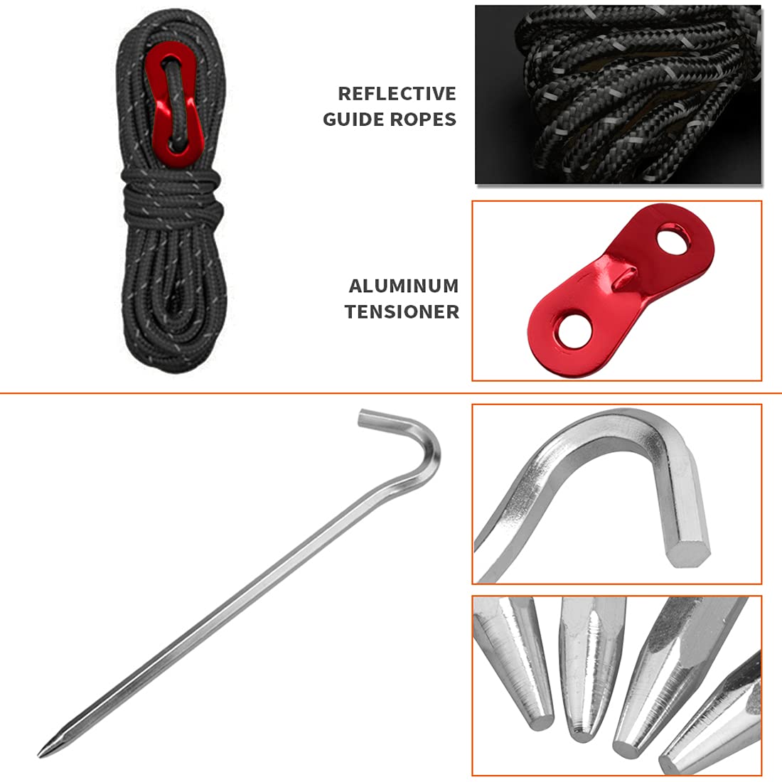 KRATARC Outdoor Camping Tent Stake Pegs with Guyline Guy Rope Adjuster Tensioner Backpacking Hiking (Black- 8PCS)