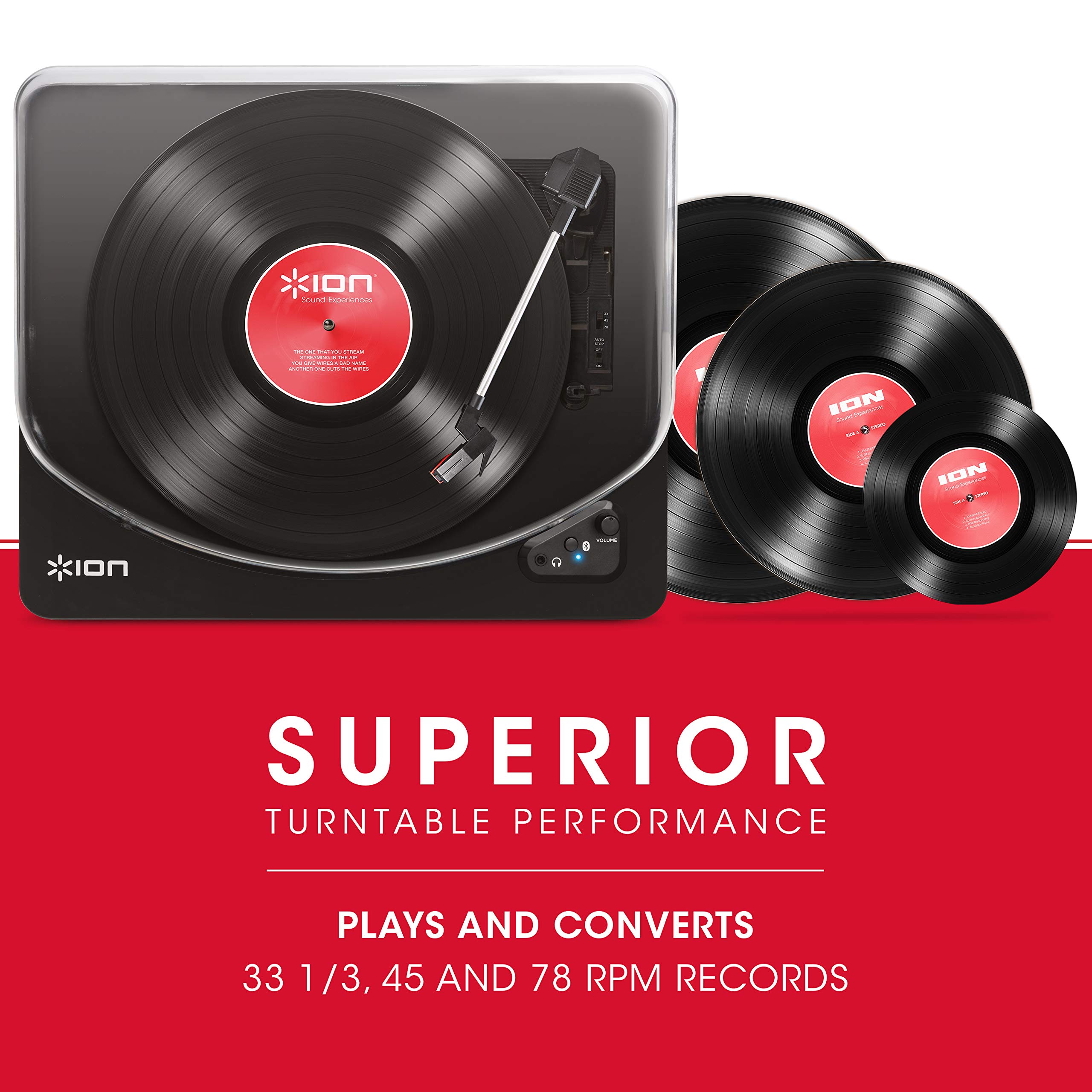 ION Audio Air LP | Vinyl Record Player / Bluetooth Turntable with USB Output for Conversion and Three Playback Speeds – Black Finish