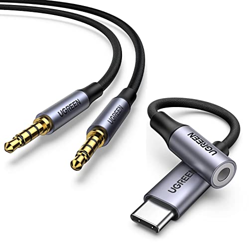 UGREEN 6FT 3.5mm Audio Cable Braided 4-Pole Aux Cord Bundle with USB C to 3.5mm Audio Adapter Braided Type C to Headphone Aux Jack Dongle Compatible with Galaxy S21