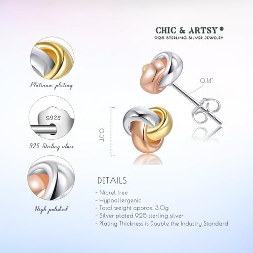 Love Knot Earrings 925 Sterling Silver Love Knot Post Earrings Tri-tone White Yellow and Rose Gold Twisted Love Knot Stud Earrings for Women