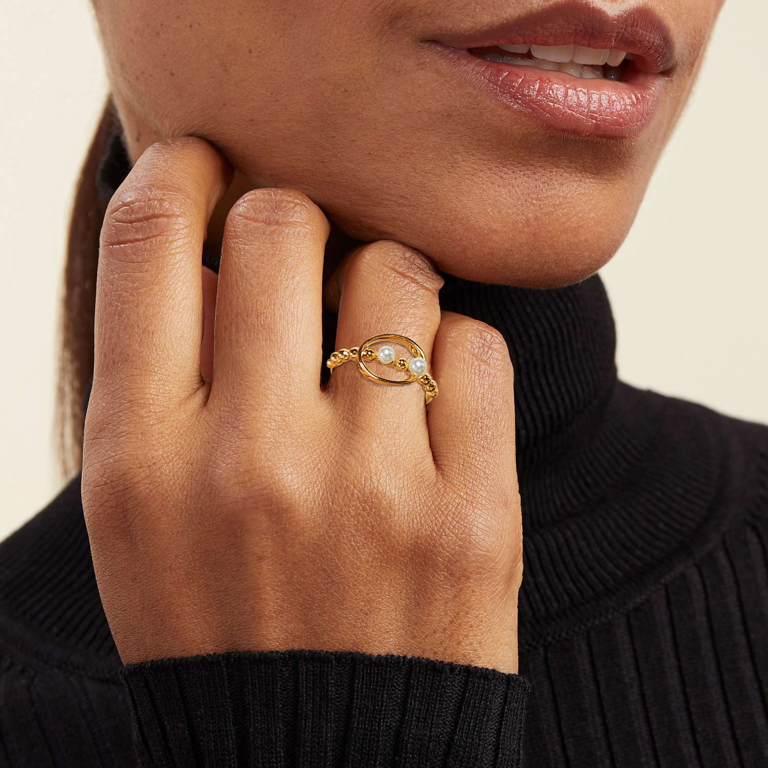 NOKMIT 14K Gold Plated Open Rings for Women Pearl Bead Stackable Ring Adjustable Statement Band Mothers Day Gifts