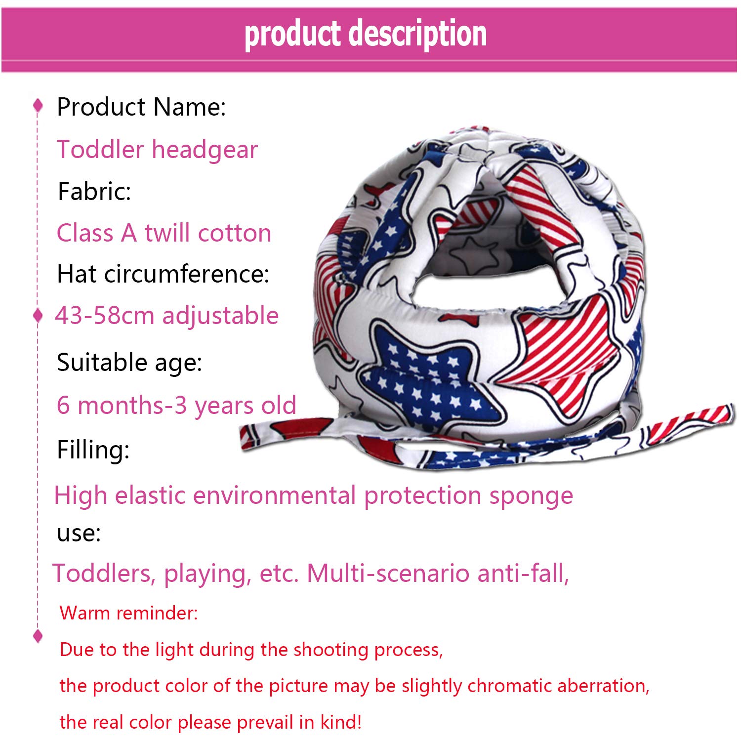 JUYIVIPToddler Baby Comfortable, Lightweight and Breathable Head Guard Head Protector Safety Helmet Children Headguard Infant Protective Harnesses Cap Machine Washable (Five Stars with White Stripes)