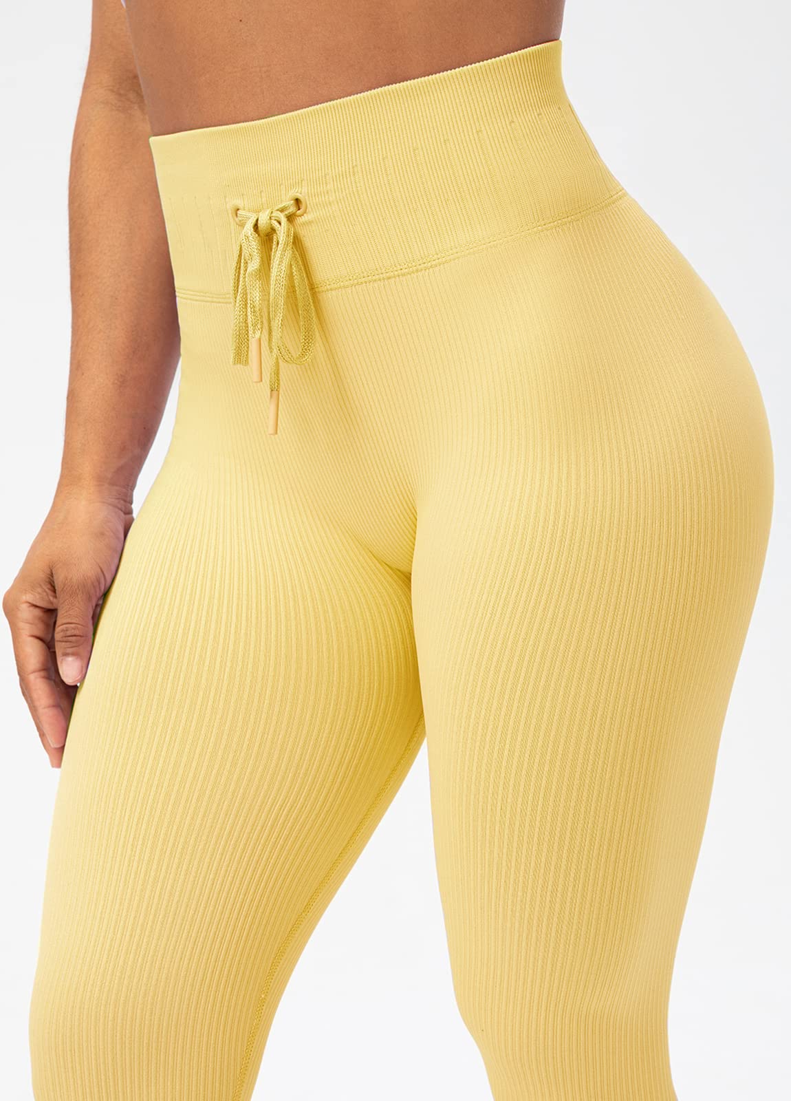 Lavento Women's Ribbed Scrunch Butt Lifting Seamless Leggings - Tummy Control Gym Workout Legging (Primrose Yellow, 2)