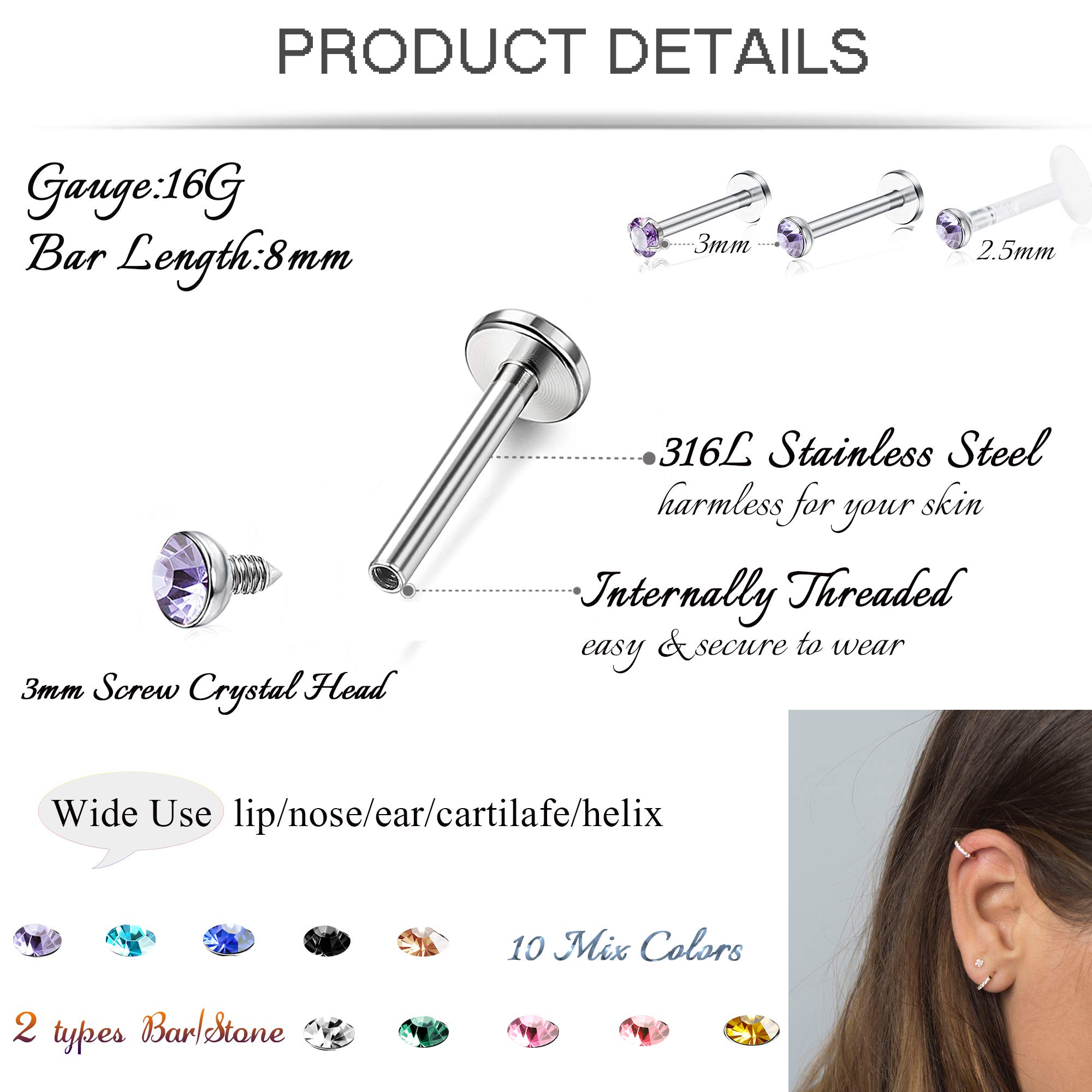 Jstyle 30Pcs 16G Forward Helix Cartilage Tragus Earring Studs Internal Threaded Labret Lip Monroe Ring Barbell Body Piercing Jewelry