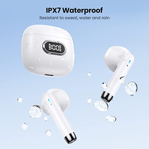 Wireless Earbuds 5.3 Wireless Headphones with LED Display Charging Case, Waterproof IPX7 Hands-Free Headset with Mic, Hi-Fi Stereo Sound, Touch Control, 40 Hours Playback, for iPhone/Android, White