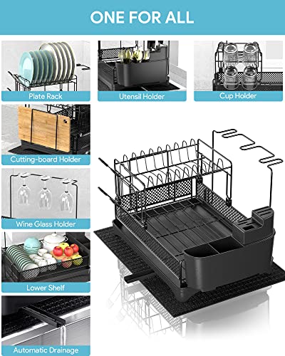 Lvtrupc Dish Drying Rack - Large-Capacity Dish Rack for Kitchen Counter, Stainless Steel Dish Drainer, 2-Tier Kitchen Dish Drying Rack for Dishes, Cutlery and Wine Glasses with Extra Dryer Mat