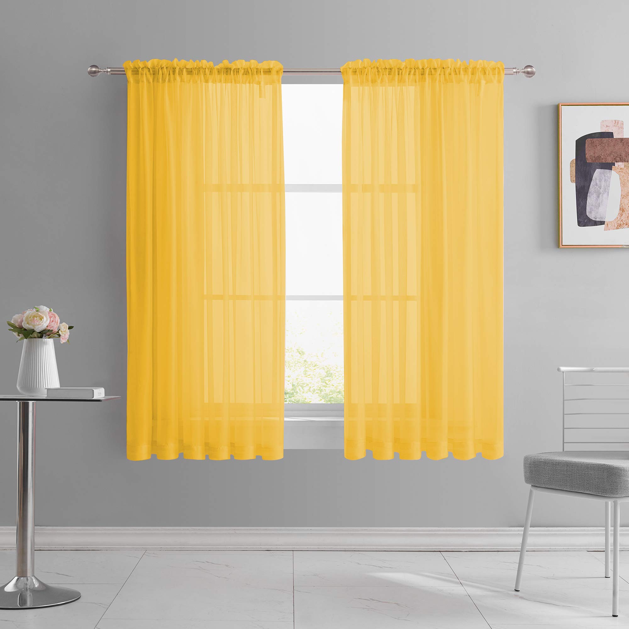 KEQIAOSUOCAI Gold Yellow Sheer Curtains for Small Windows Rod Pocket Short Dark Yellow Sheer Drapes 45 Inch for Bathroom Basement 1 Pair 52x45