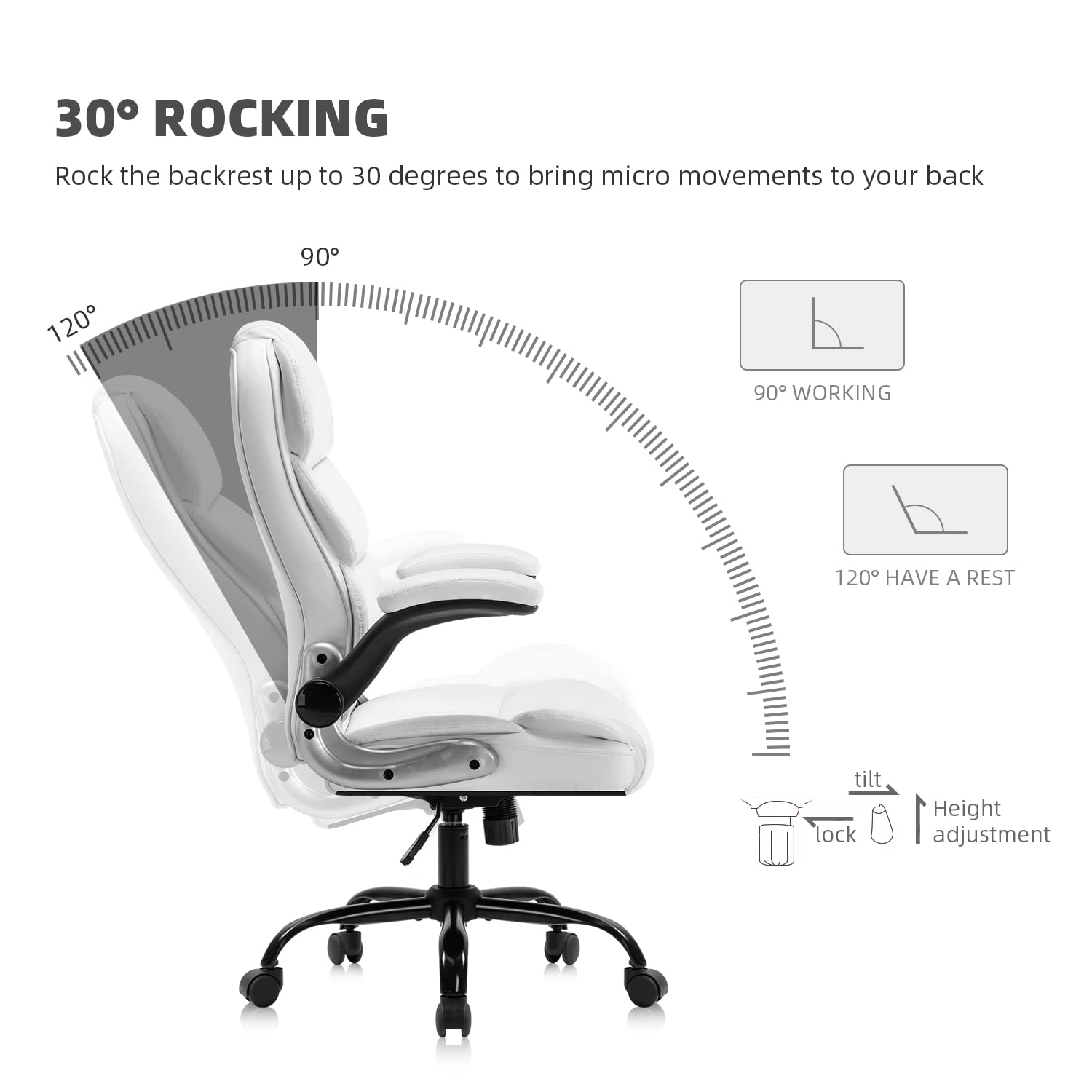 KERMS High Back Office Chair PU Leather Executive Desk Chair with Padded Armrests,Adjustable Ergonomic Swivel Task Chair with Lumbar Support (white2)