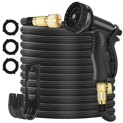 Quisky Expandable Garden Hose 50ft, 25ft 75ft 100ft with 10-Function Nozzle,Nano Rubber latex High Elastic Leak-Proof Multi-Layer Hose Pipe with Holder,3/4" Solid Brass Connectors Fittings Lightweight