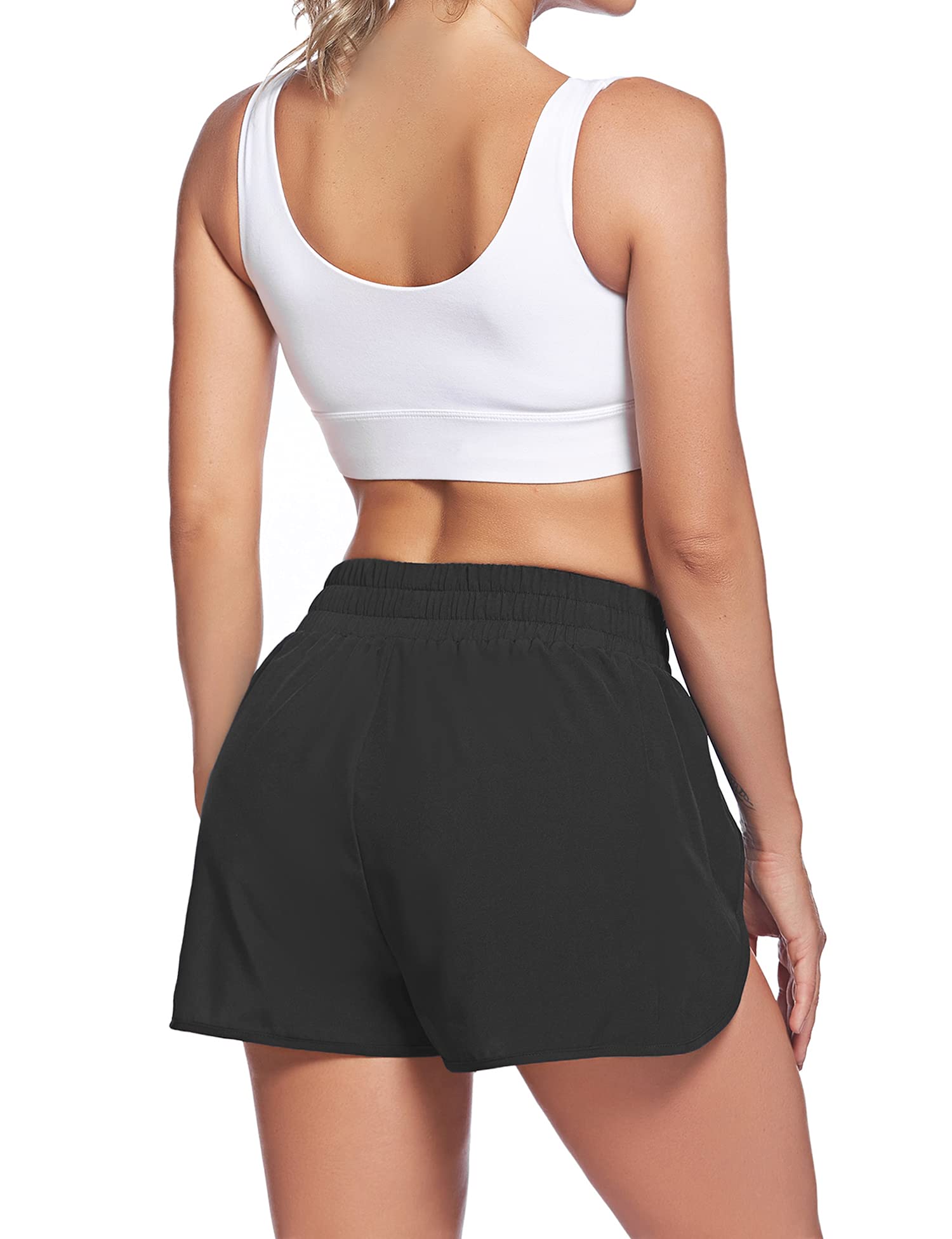 LaLaLa Womens Quick-Dry Athletic Shorts Sports Layer Elastic Waist Running Workout Shorts with Zip Pocket (M, Black)