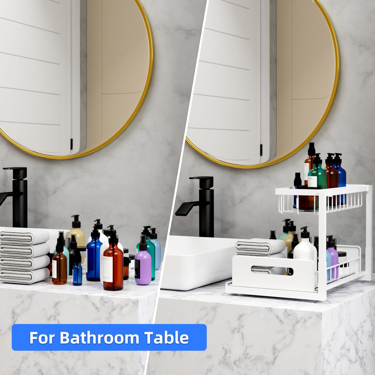 Lxmons 2-Tier Under Sink Slide Out Organizer, Pull Out Cabinet Storage Shelf with Sliding Storage Wire Basket Drawer for Bathroom Kitchen, Countertop or Pantry Storage shelf, White