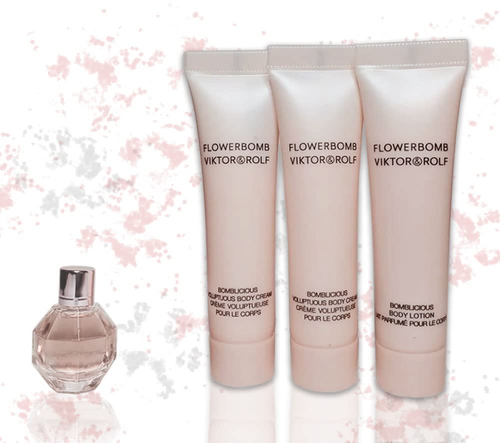Viktor & Rolf Flowerbomb EDP 4pc Set Mini perfume, 0.5 oz Body Lotion, 2 x 0.5 oz body cream