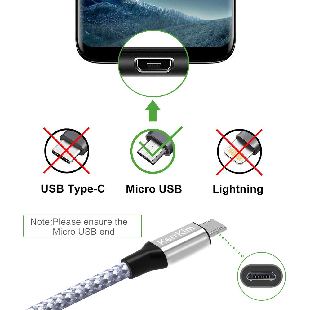 KerrKim Micro USB Cable, 2 Pack 6 FeeT Extra Long Nylon Braided Data Sync Transfer Cord Durable Android Charger Compatible with Samsung Galaxy S7 Edge S6 S5 Note 5 4 LG G4 Stylo 3 PS4 Camera Xbox