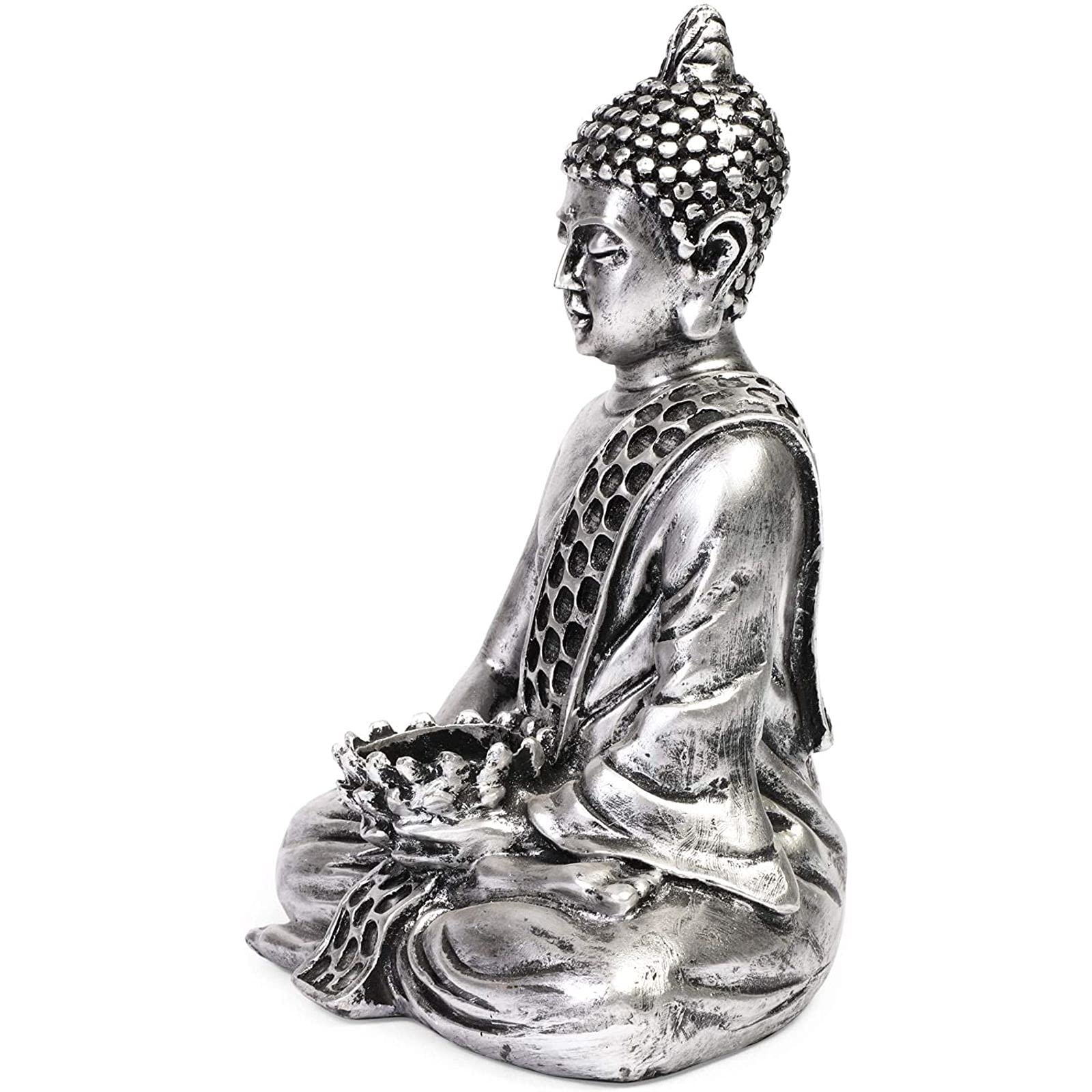Juvale Buddha Tealight Statue for Home and Garden (Silver, 8.7 Inches)