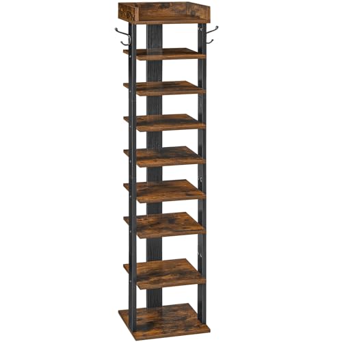 HOOBRO Vertical Shoe Rack, 9 Tier Shoe Storage Organizer with Hooks, Narrow Shoe Rack for 9 Pairs, Space Saving, Stable and Strong, for Entryway, Closet, Bedroom, Rustic Brown BF81XJ01