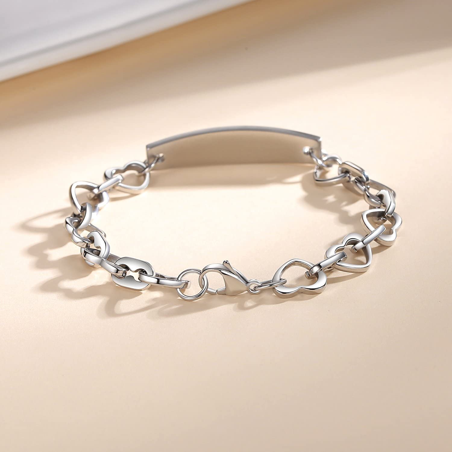 mnmoom 7 1/2 in Heart Medical Alert Bracelets for Women Stainless Steel id bracelets with Free custom engraving (Silver/PACEMAKER)