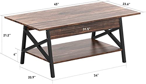 Yesker Farmhouse Coffee Table, Industrial Rustic Coffee Table Heavy Duty Two Tier Coffee Tea Table 45β with Shelf for Living Room, Accent Cocktail Table with Stronger Metal Frame Thicker Leg