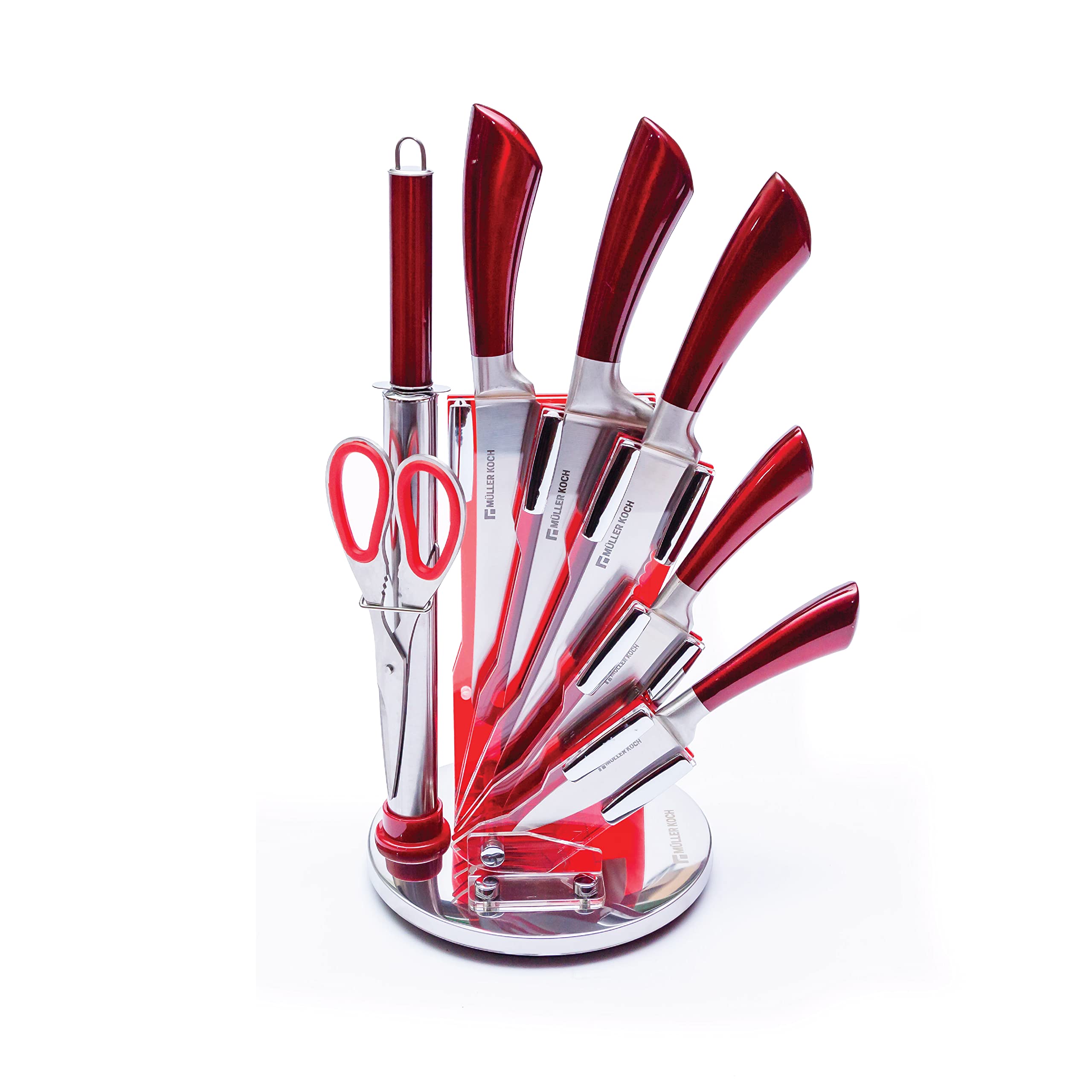 Müller Koch MK-2804 - 8 PCS Knife Set with Acrylic Block Stand (RED)